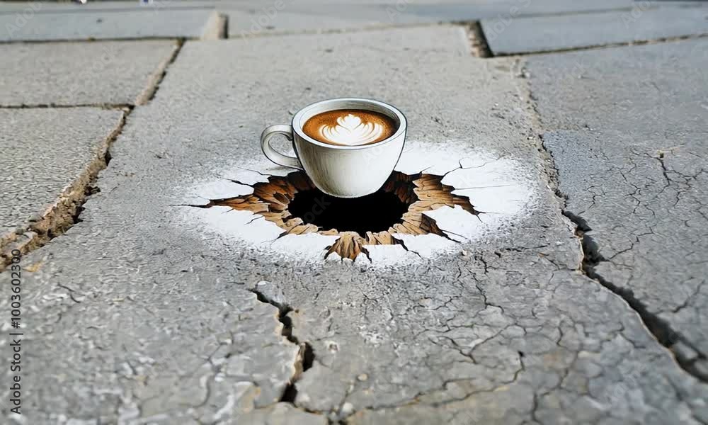 Generative ai motion animation of a sidewalk chalk drawing of a cup of ...