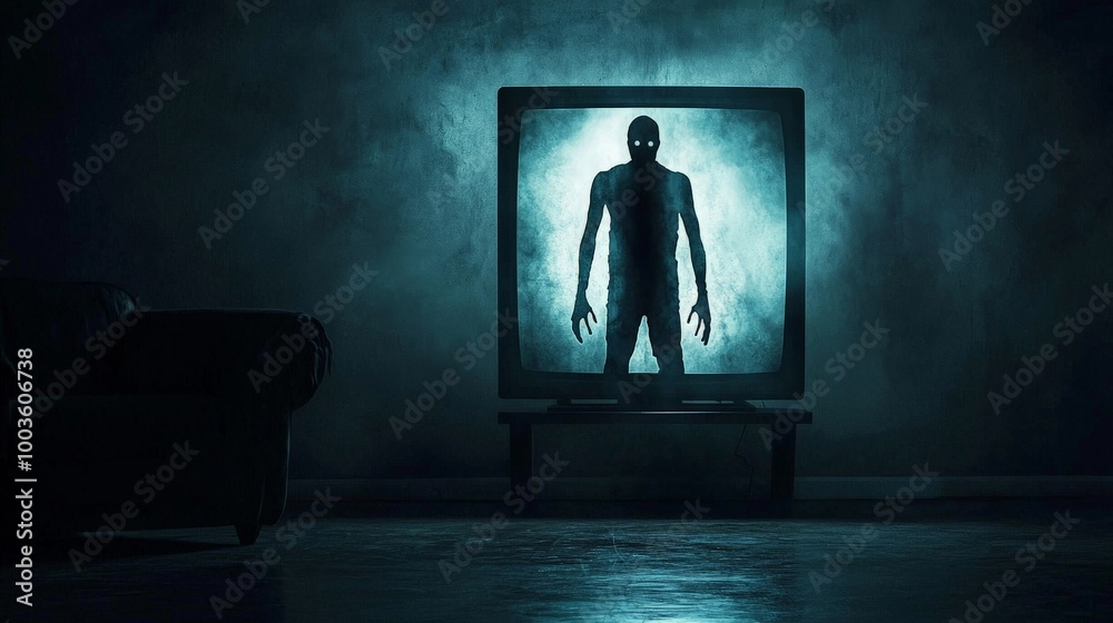 A ghostly figure appearing on a television screen in a dark room, its ...