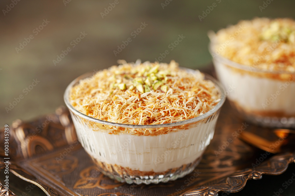 Traditional milky crispy Ramadan dessert custard pudding with roasted ...