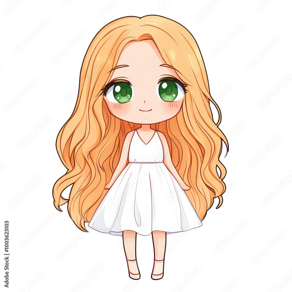 Adorable chibi girl with long, flowing blonde hair and bright green ...
