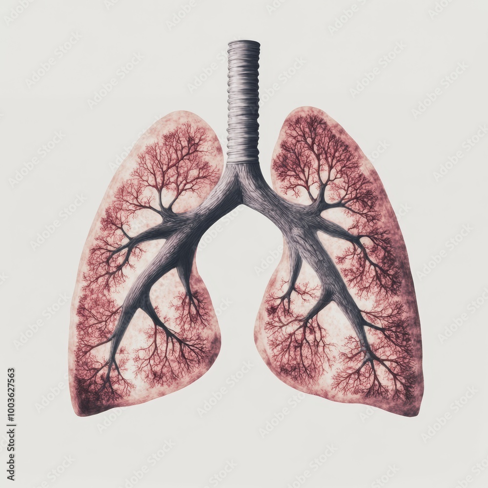 Detailed digital illustration of human lungs in a cutaway view, showing ...