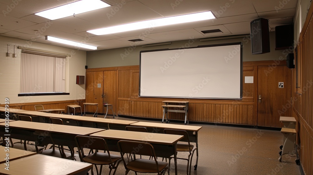 Empty lecture hall with a projector and clean desks, leaving space for ...