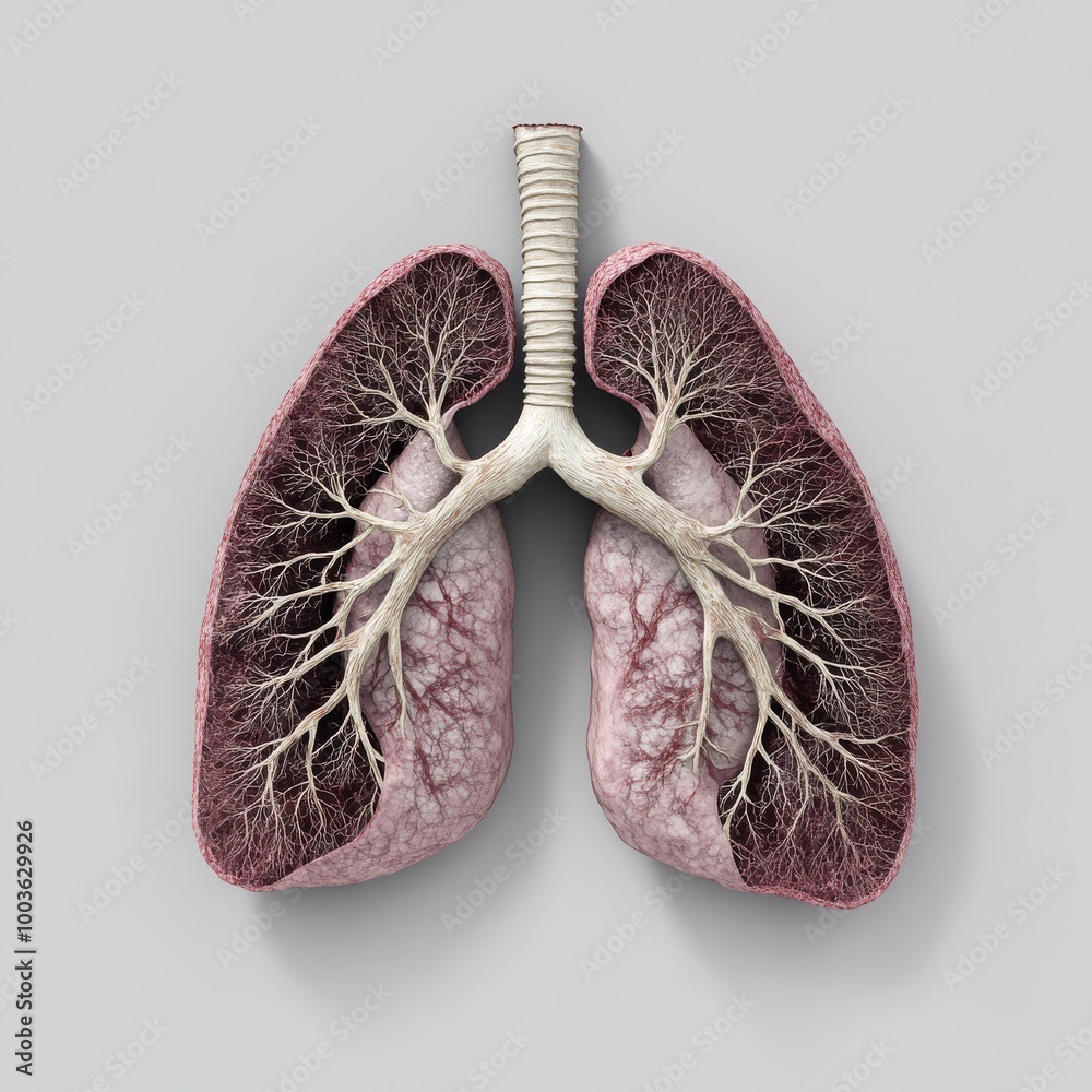 Detailed digital illustration of human lungs in a cutaway view, showing ...