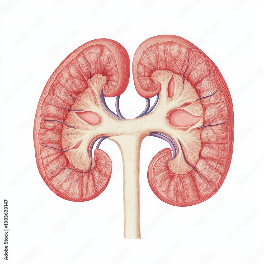 Detailed crosssectional illustration of the human kidneys showing ...