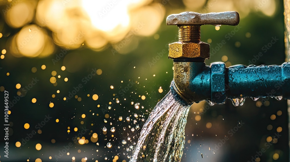 Blue tap with a stream of water, spray droplets in the air ...