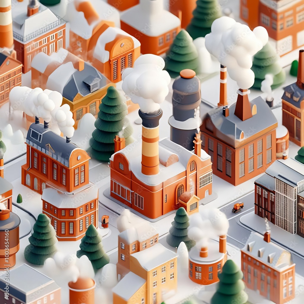 Victorianstyle architecture with steampowered factories and airships flat design top view ...