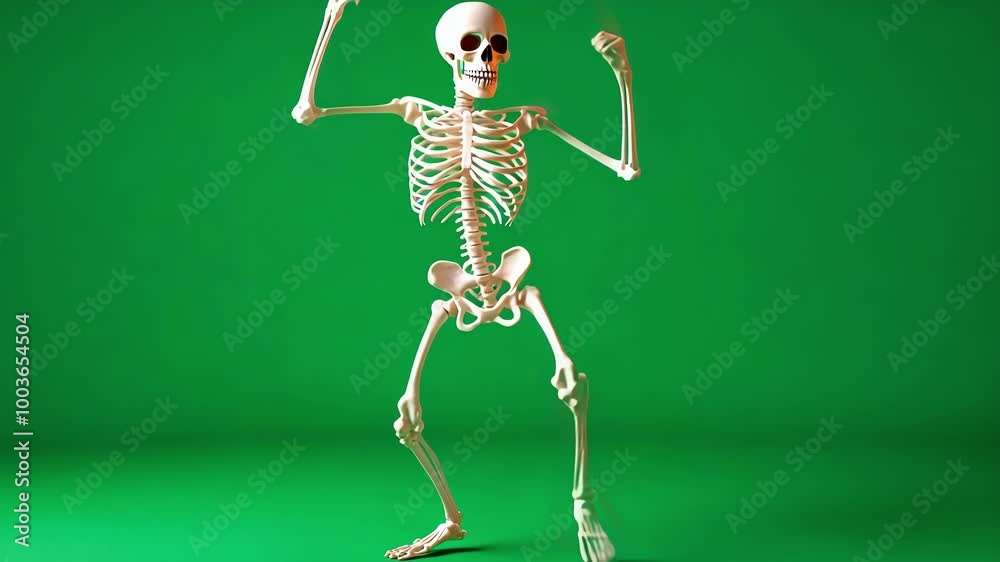 Funny human skeleton is dancing on a solid green screen background ...
