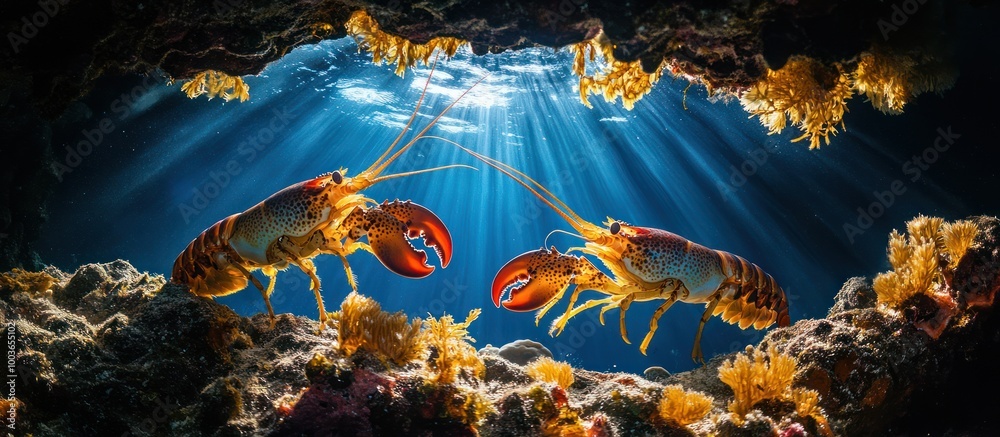 Two lobsters face each other in a vibrant underwater cave illuminated ...