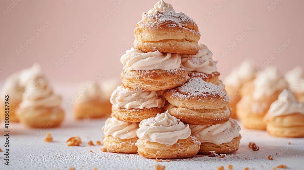 Mini choux cream puffs stacked on top of each other, creating a tower ...
