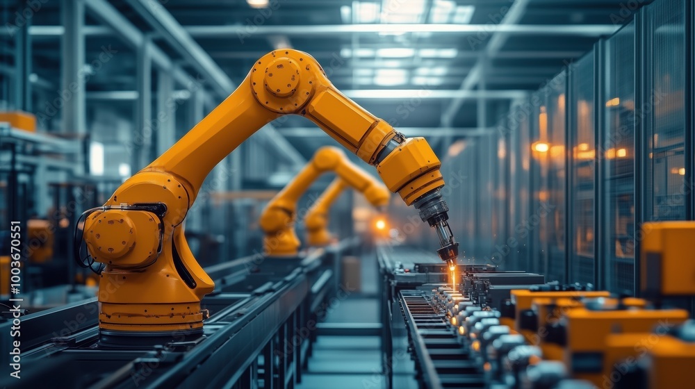 Industrial Robotic Arm in Action. Robotic arm engaged in automated ... Industrial Robotic Arm in Action. Robotic arm engaged in automated ...