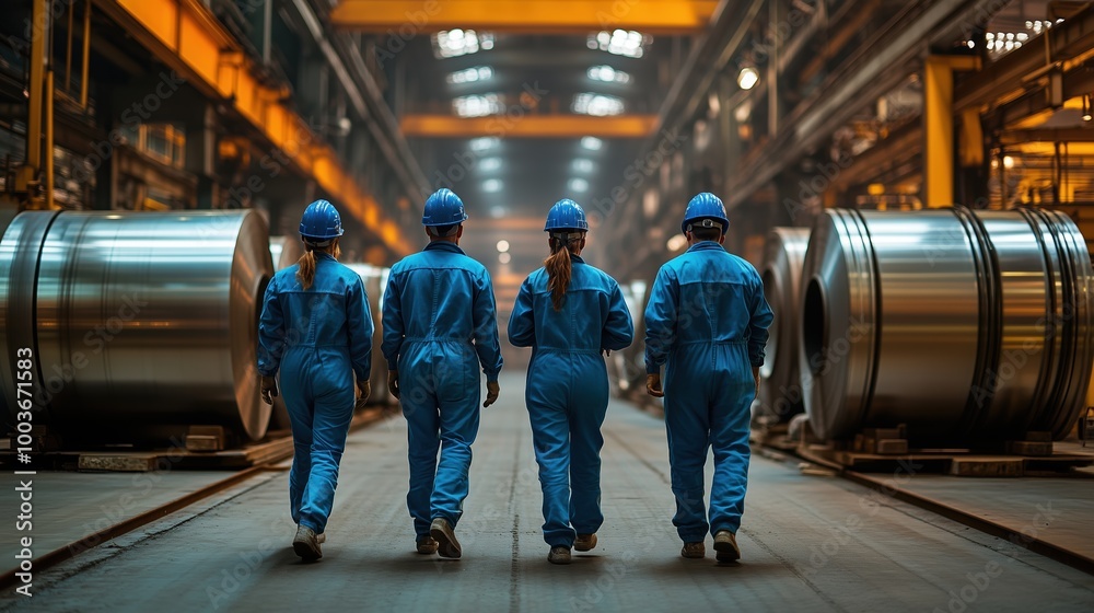 Workers in Blue Overalls and Helmets Walking Together. Workers in blue ...