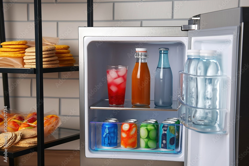 Mini refrigerator in modern kitchen with drinks and snacks stored ...
