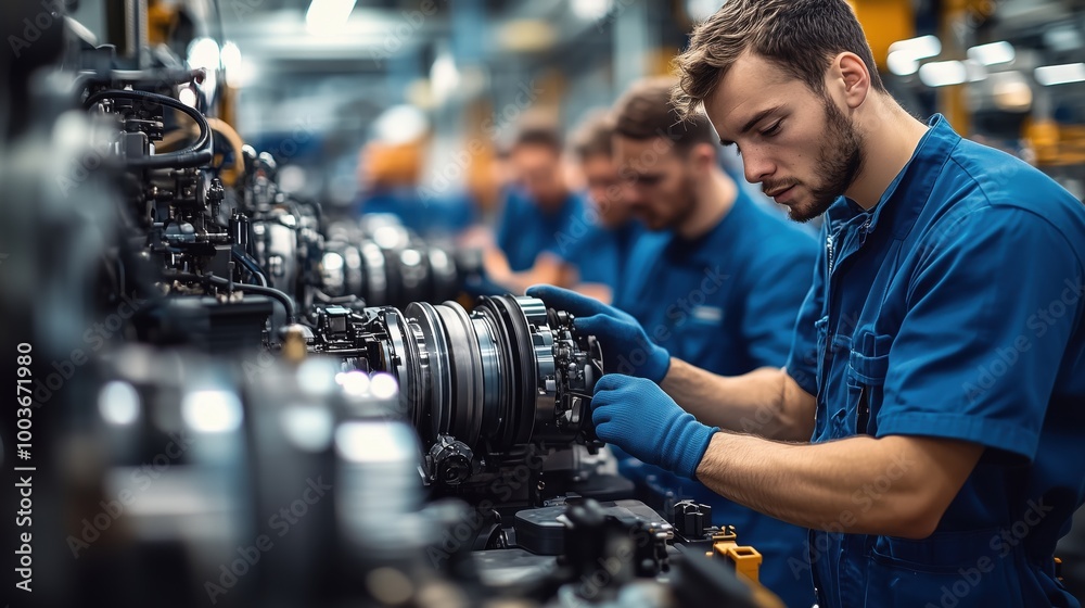 Group of skilled workers in blue overalls collaborate on an assembly ...