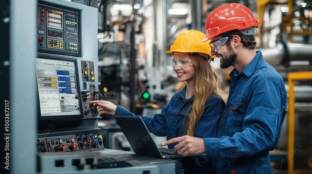 Male and Female Technicians Working Together in Factory. Male and ...