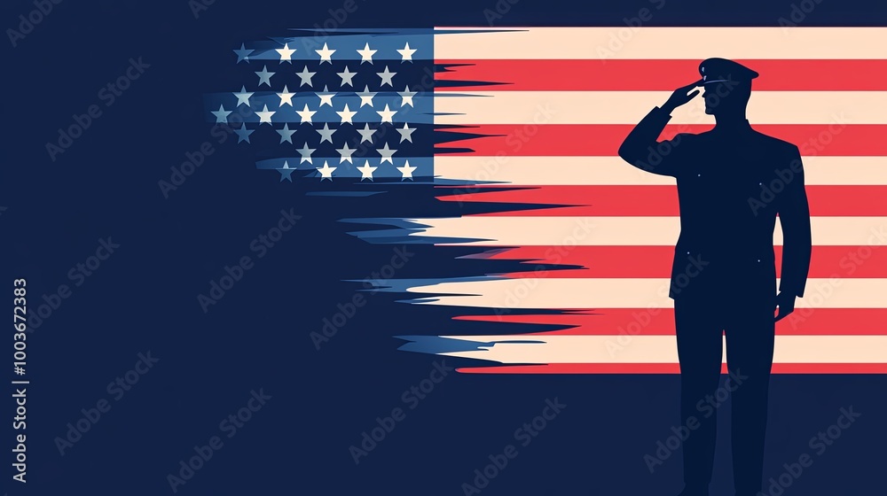 A silhouette of a saluting figure against a stylized American flag ...