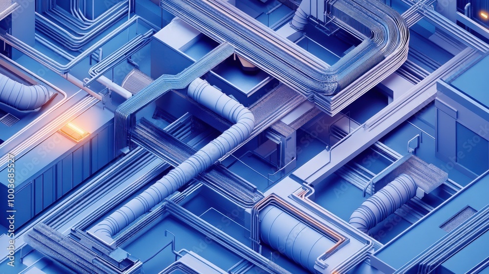 3D isometric illustration blueprint of an architectural HVAC ductwork ...