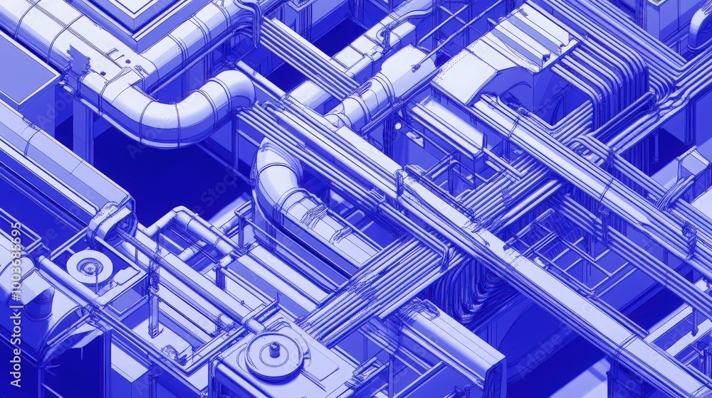 3D isometric illustration blueprint of an architectural HVAC ductwork ...