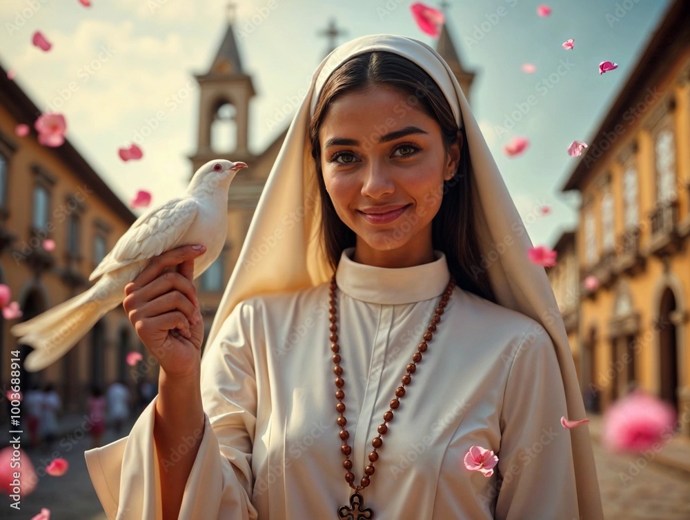 Beautiful Latin nun with a white dove in her hand on colonial church ...