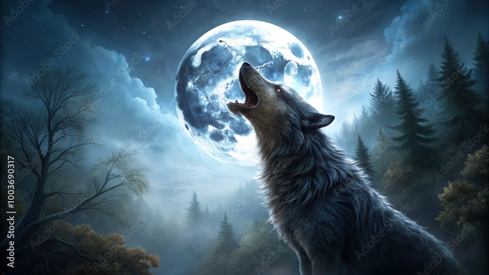Werewolf howling at full moon with detailed fur textures and dark ...