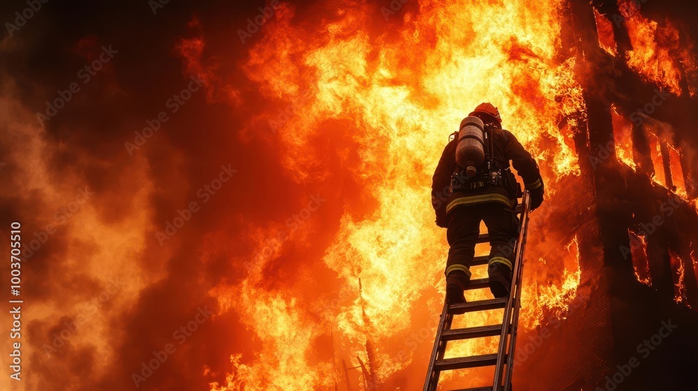 Firefighter climbing a ladder toward a burning building, with flames ...