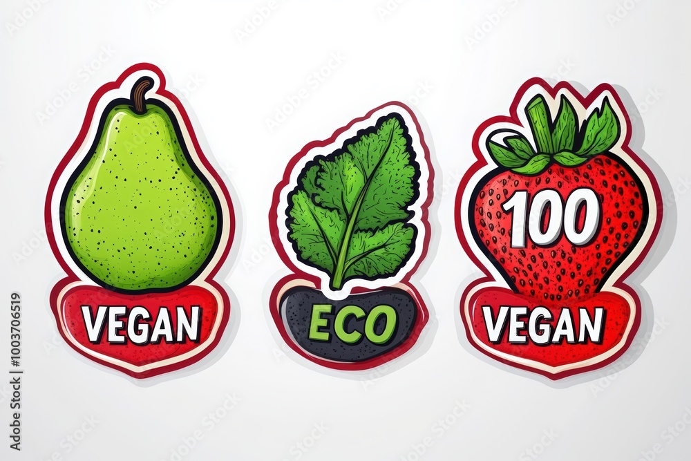 Vegan food sticker vector set with text "vegan" "eco-friendly" and ...