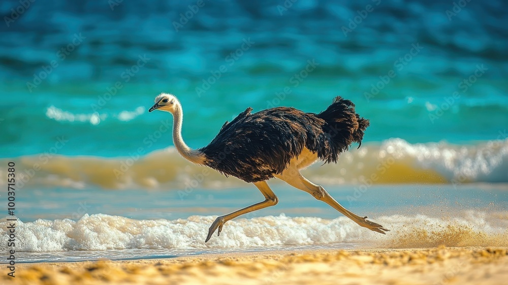 An ostrich running along a beach, its feathers fluttering against the ...