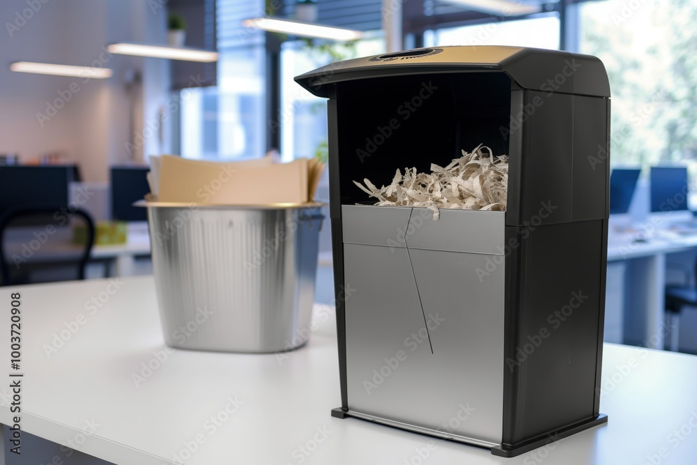 Paper shredder machine on white office table with bin. Confidential ...