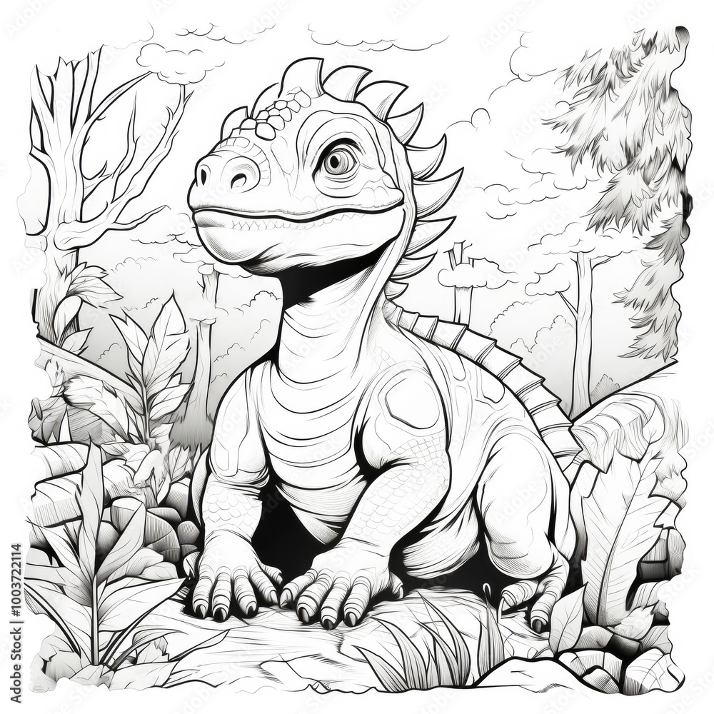 Coloring page dinosaur in forest, simple line drawing style. Black ...