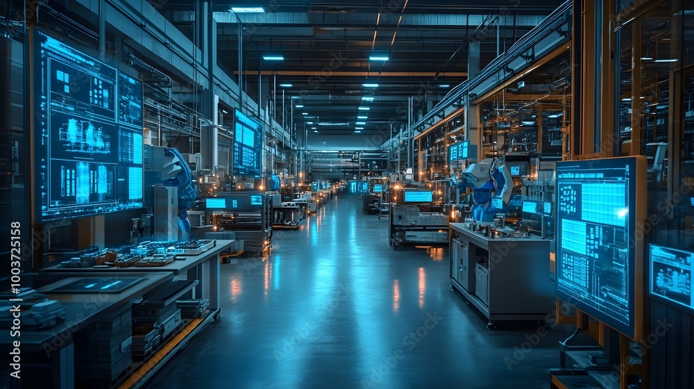 Futuristic factory interior with AI-driven quality control devices ...