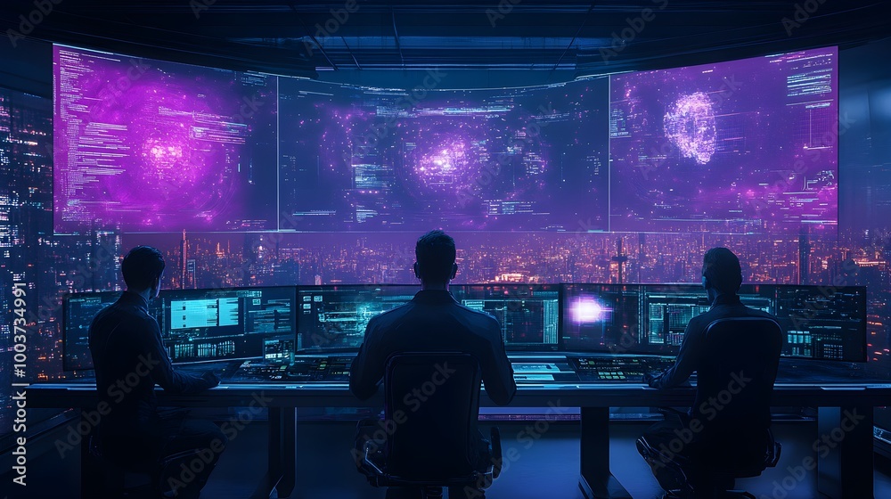 Operators in sleek uniforms monitor floating holograms in a clean ...