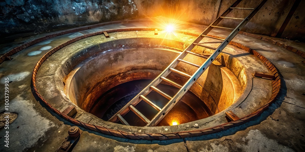 Opened sewer hatch reveals dark abyss of septic tank, rusty ladder and ...