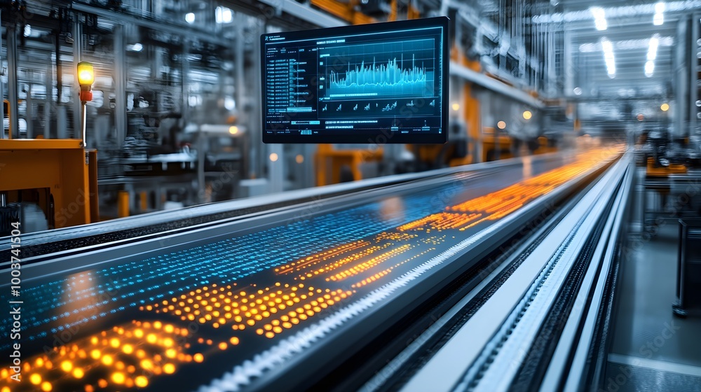 Ultra-modern factory floor, digital interface floating in the air ...