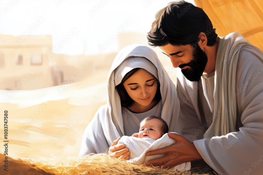 Beautiful Nativity scene with baby Jesus, Mary, and Joseph, symbolizing ...
