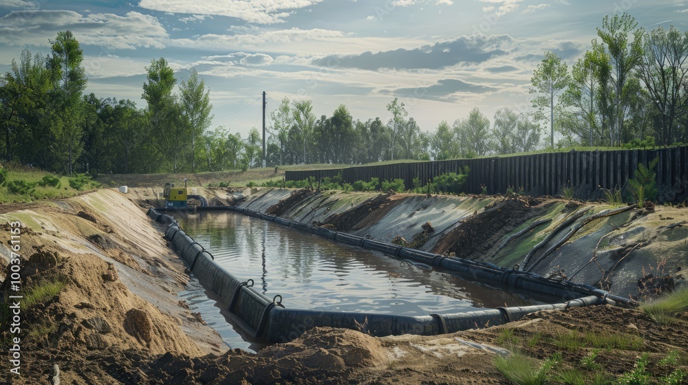 Works on the installation of a dewatering system in the open air with a ...