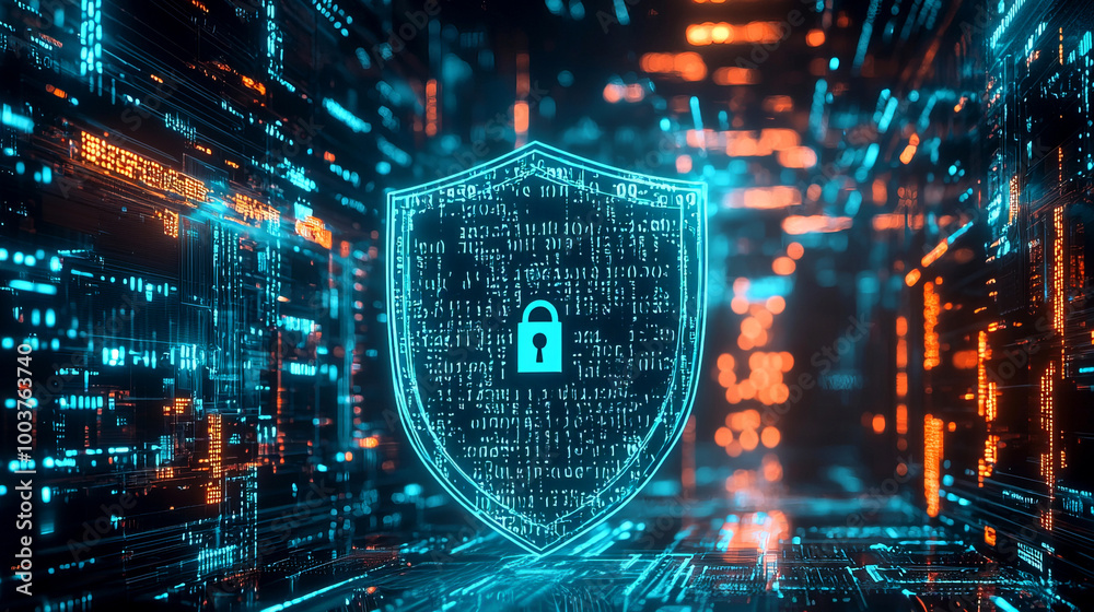 Cybersecurity concept showing a glowing shield with padlock in digital ...