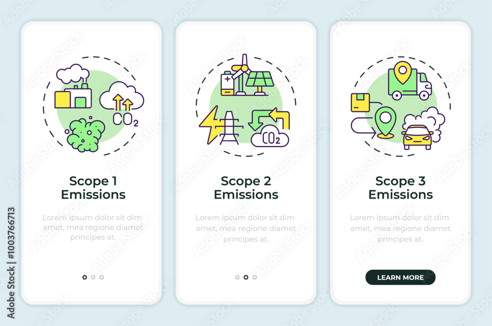 Carbon emissions onboarding mobile app screen. Walkthrough 3 steps ...