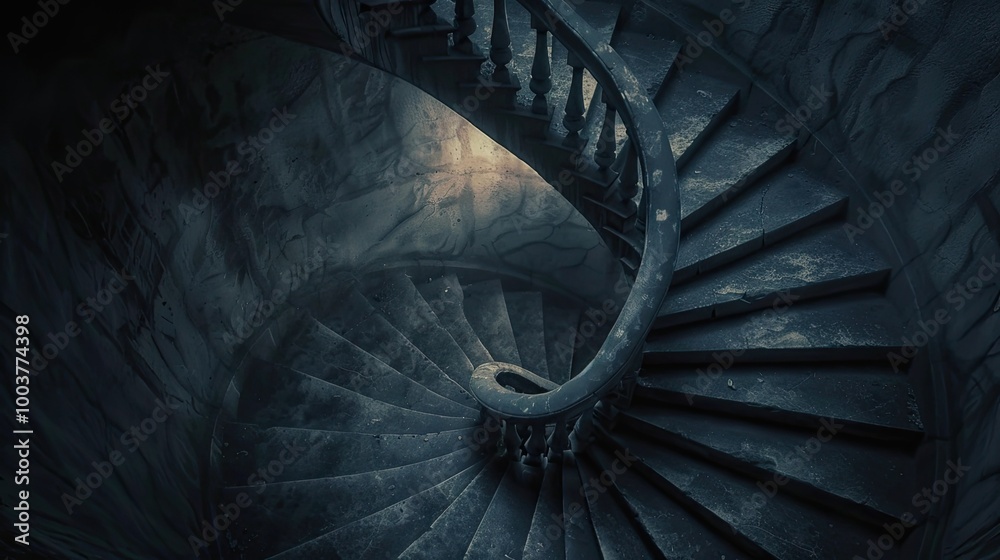 Long spiral winding stairs Dark shadows mysterious mood with single ...