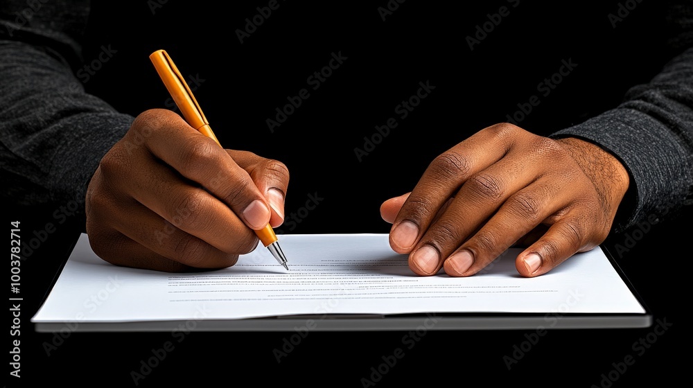 Hand Signing a Document: Close-up of African American hands signing a ...