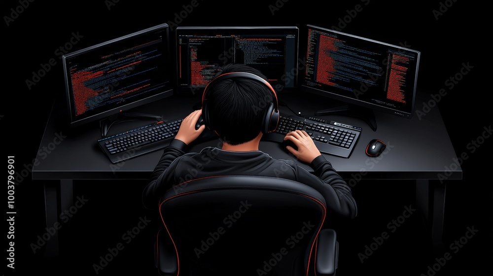 Cyberpunk Coder: Immersed in the digital realm, a programmer's silhouette is captured at work ...