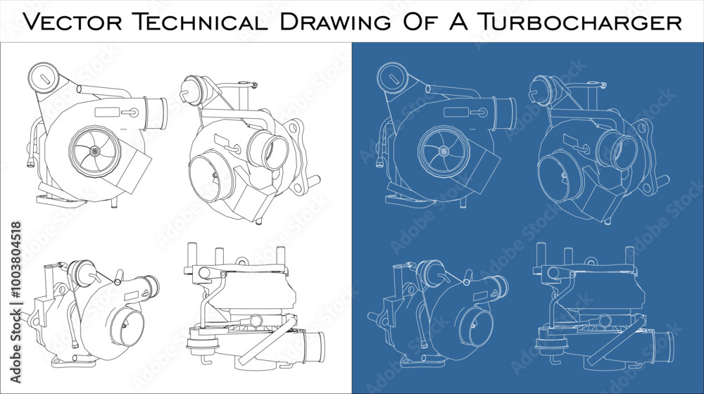 Póster vector turbocharger engine technical drawing blueprints – Cuadro para Pared | Posters.es