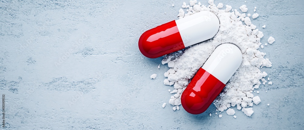 Red and white capsules scattered on a light surface with powder. Stock ...