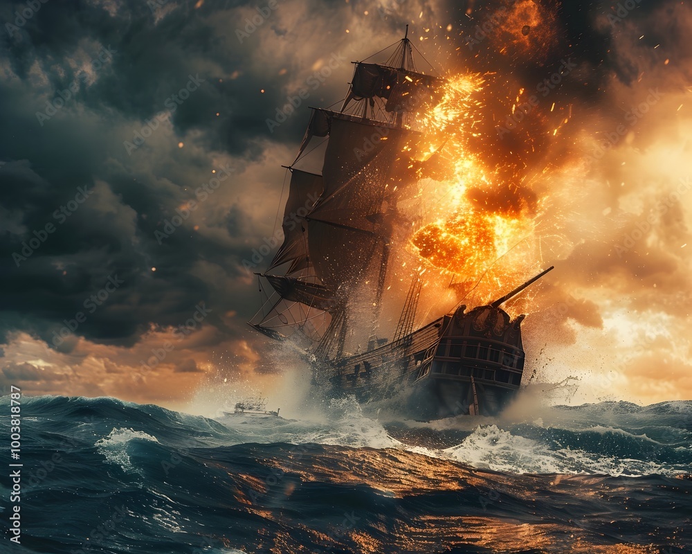 Explosive Pirate Ship Battle on Stormy Seas Cannonball Bursting in ...