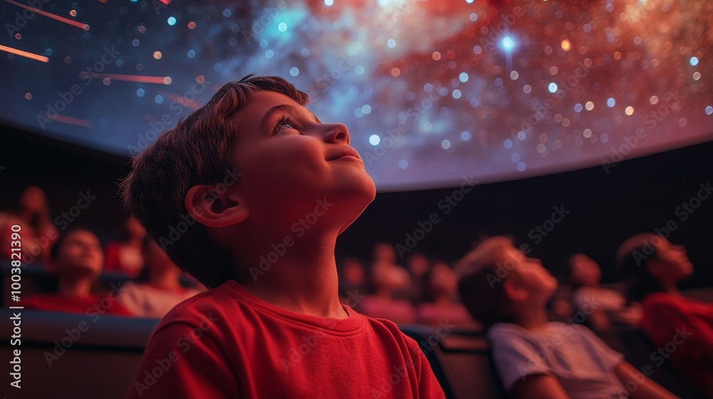Students in a planetarium, looking up at a domed ceiling filled with ...