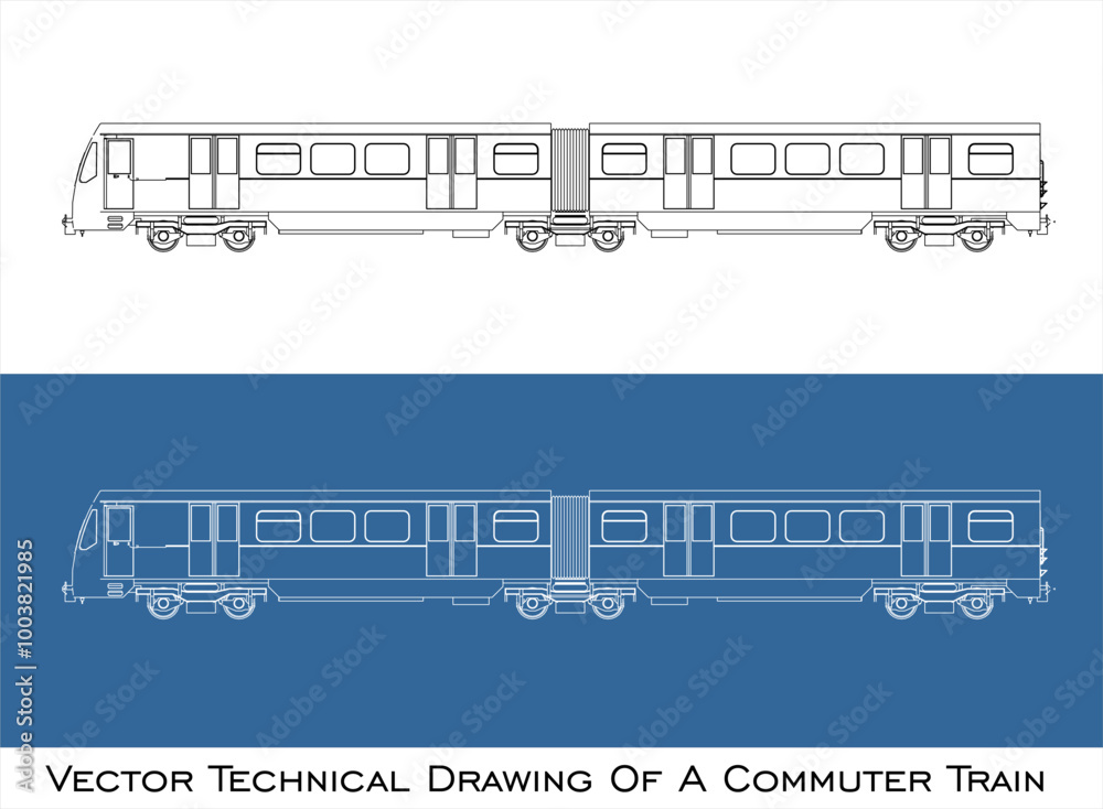 vector commuter train technical drawing blueprints. isolated in ...