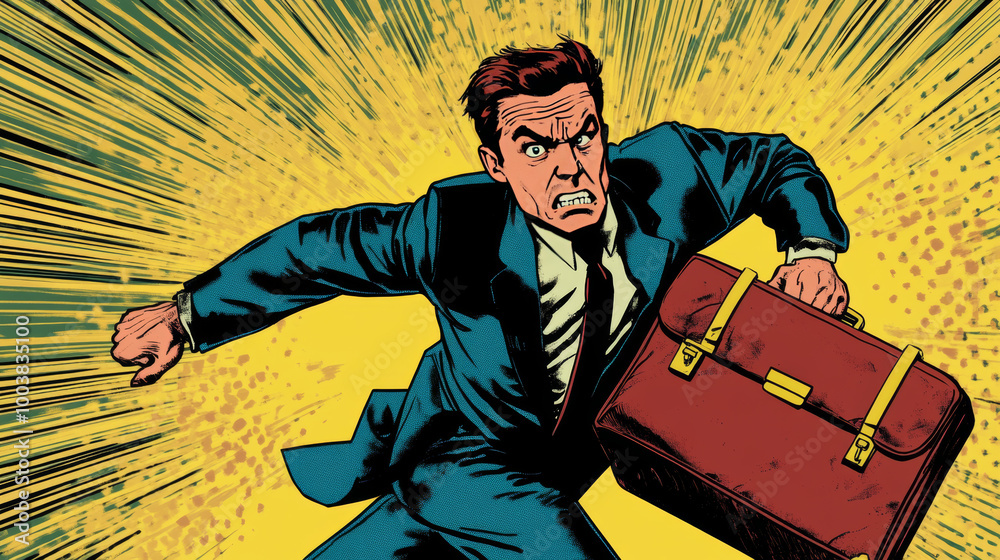 A businessman pretends to throw his briefcase like a hammer in a sports ...