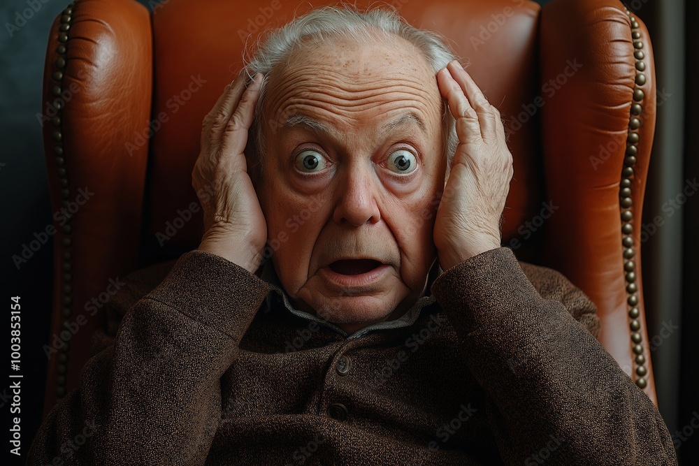 Man is sitting in a chair with his hands on his head. He has a ...