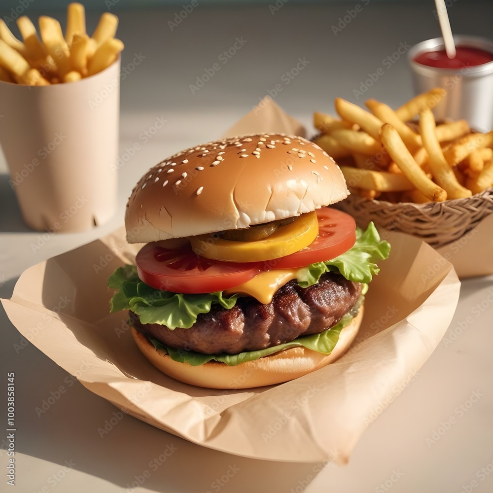 A fast food hamburger with a well-cooked char-grilled beef patty, crisp ...