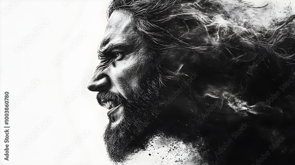 The face of Jesus, calm and divine, merges seamlessly with a roaring ...