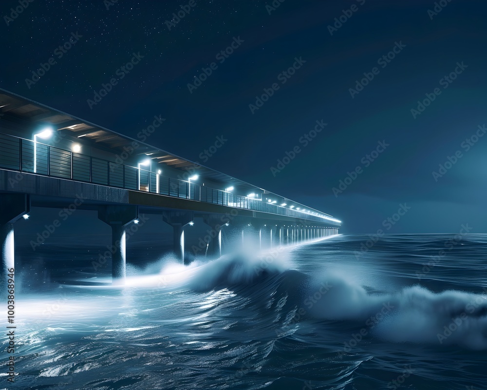 Illuminated Seaside Pier with Wave Energy Converters Harvesting Power ...