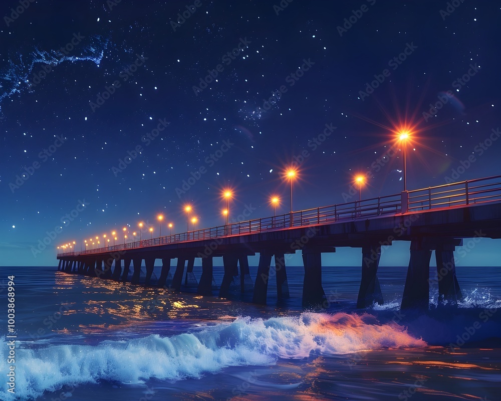 Seaside Pier with Wave Energy Converters Lit Up at Night Renewable ...
